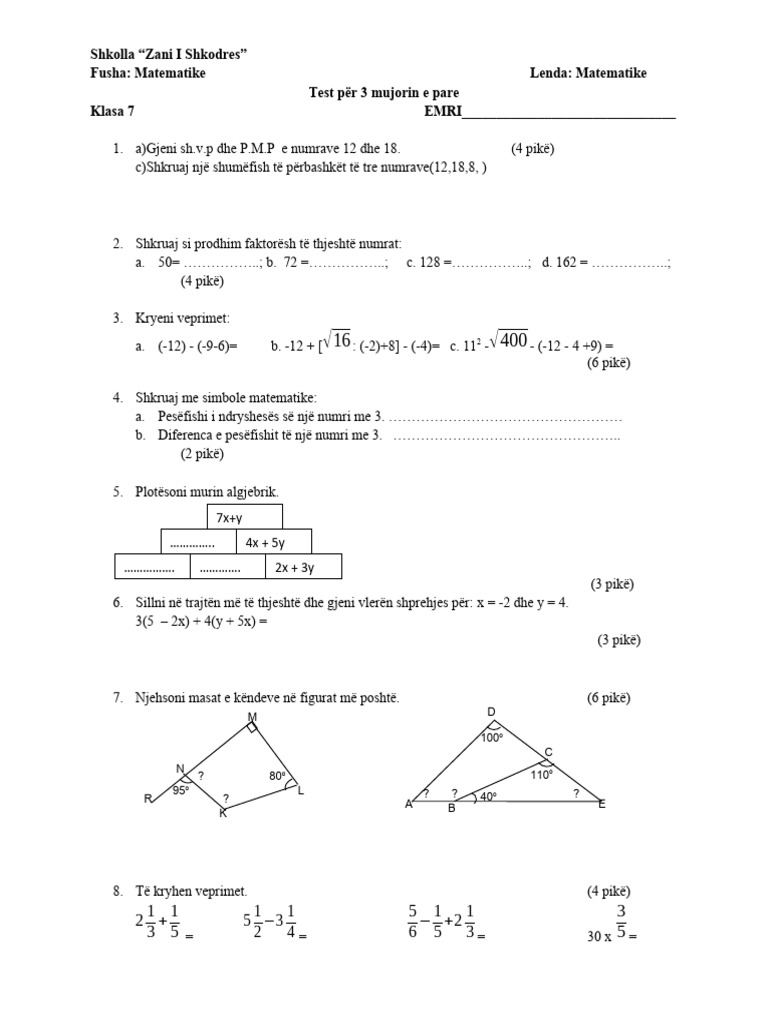 Test Matematika 7 Periudha 1 | PDF