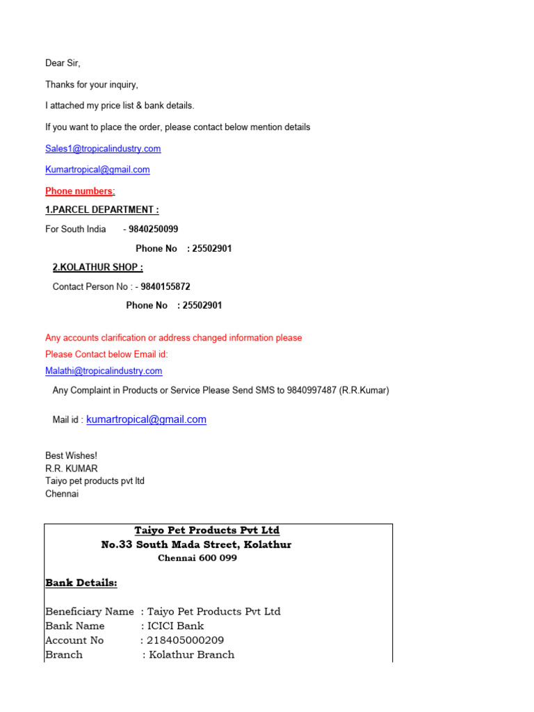 Taiyo Pet Products Bank Details | PDF | Finance & Money Management