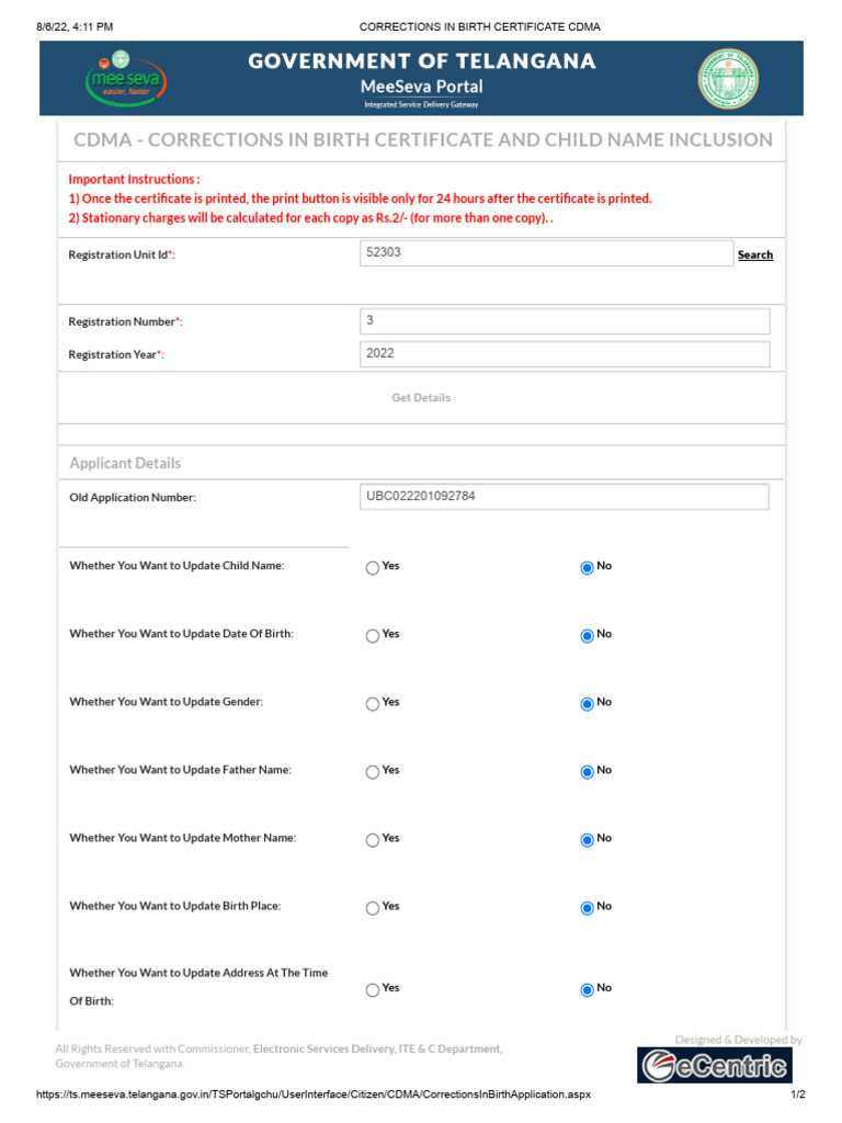 CORRECTIONS IN BIRTH CERTIFICATE Model Application | PDF
