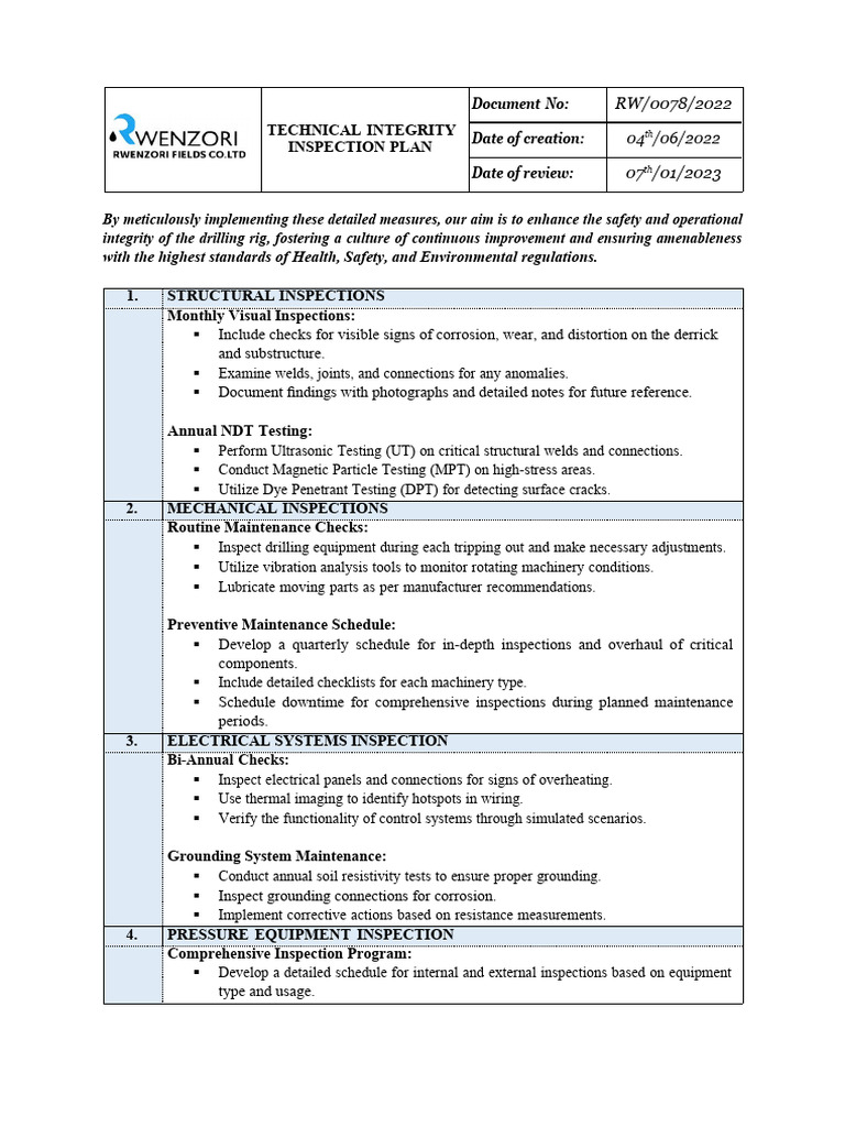 Technical Integrity Inspection Plan | PDF | Nondestructive Testing | Audit