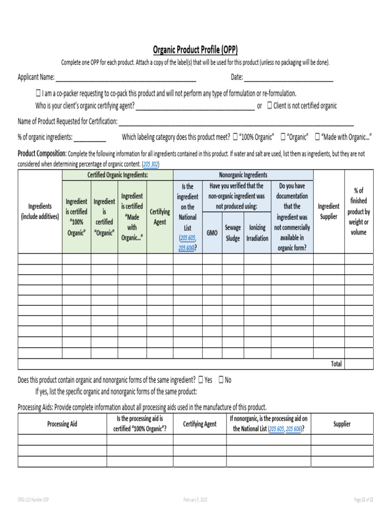 OPP - Organic Product Profile Form | PDF