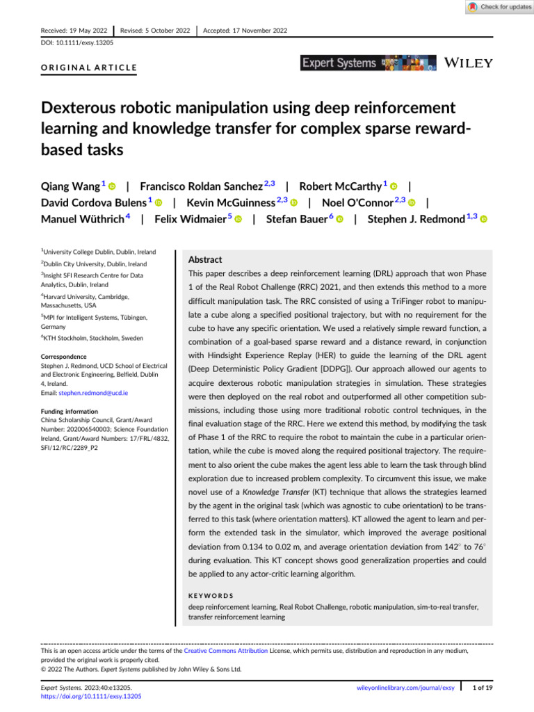 Expert Systems - 2022 - Wang - Dexterous Robotic Manipulation Using Deep Reinforcement Learning ...