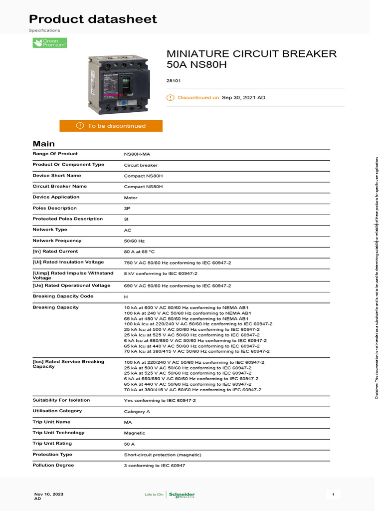 NS80H-MA Circuit Breaker Discontinuation | PDF | Alternating Current ...