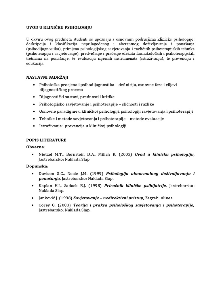 Uvod U Klinicku Psihologiju | PDF