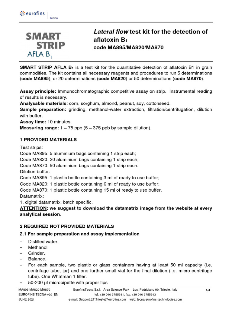Aflatoxin B1 Detection Test Kit | PDF | Filtration | Assay