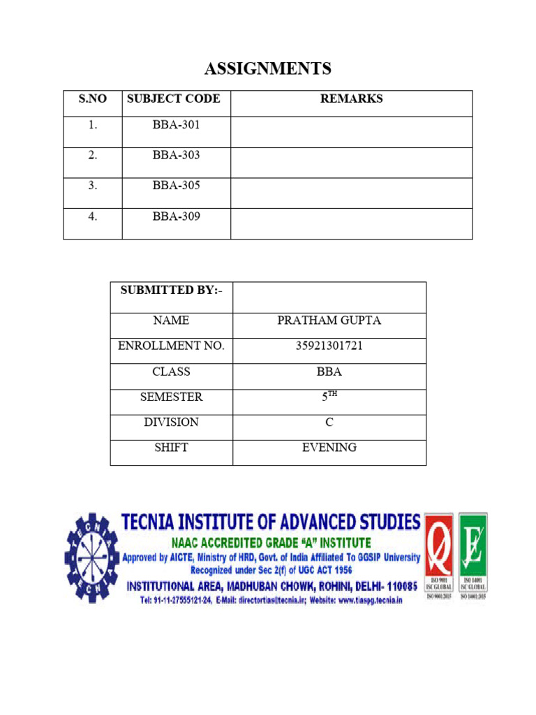 Assignment Front Page Pratham | PDF
