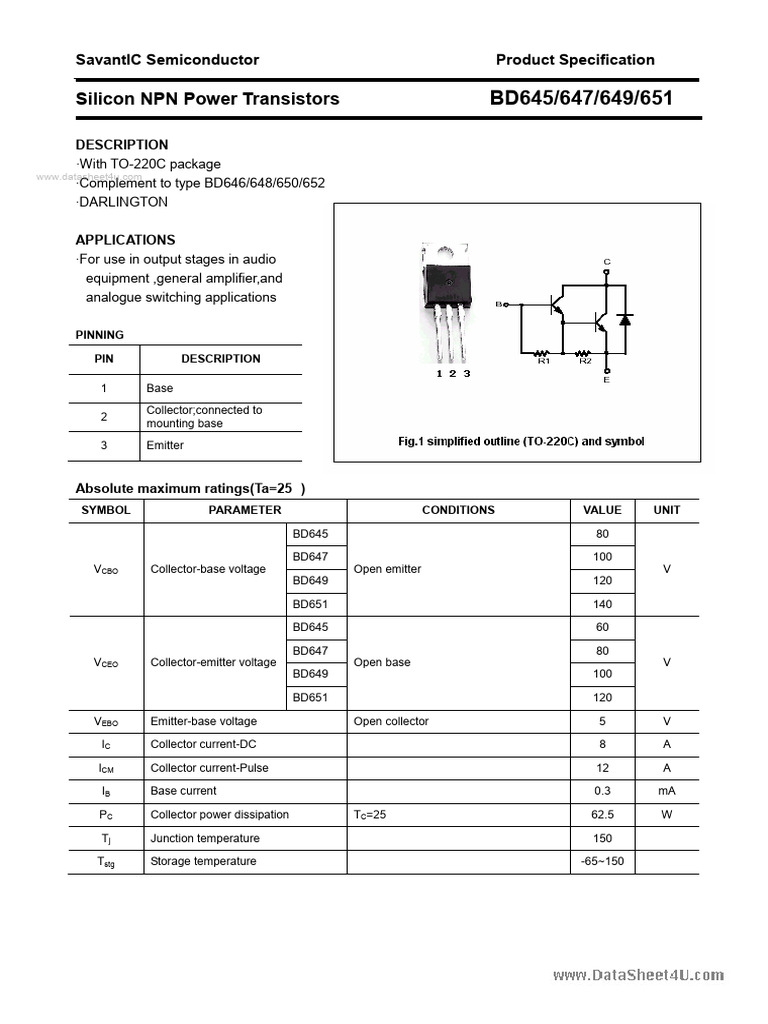 bd649 Datasheet | PDF | Bipolar Junction Transistor | Transistor