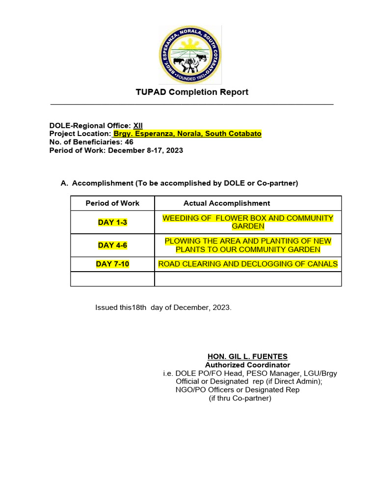 Annex K TUPAD Completion Report | PDF