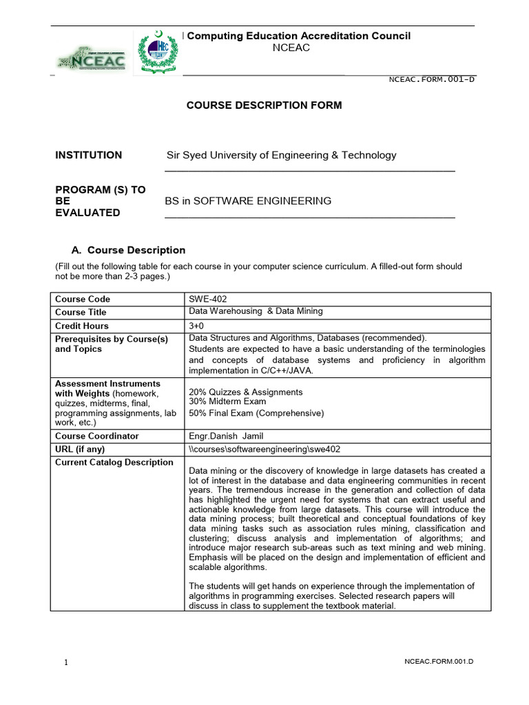 Course Description | PDF | Data Warehouse | Statistical Classification