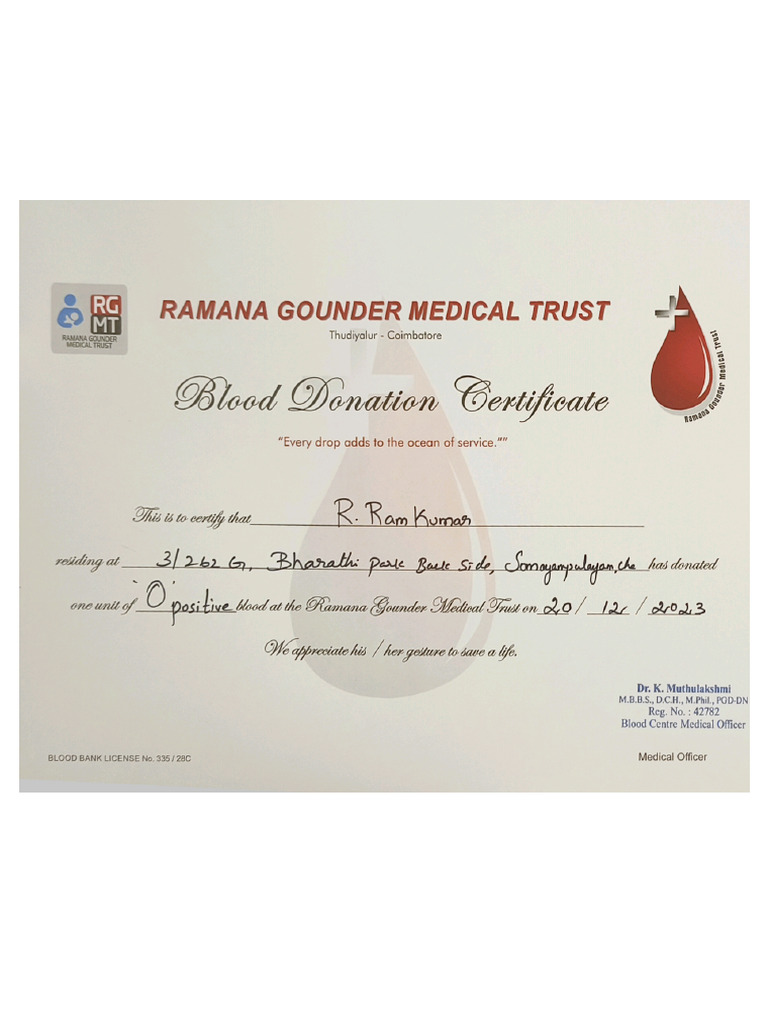 Ramkumar Blood Donation Certificate | PDF