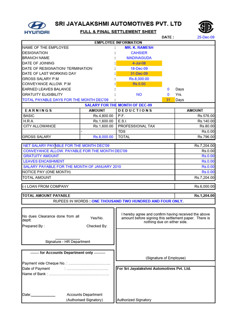 Full and Final Settlement - Format | PDF | Financial Services | Taxation