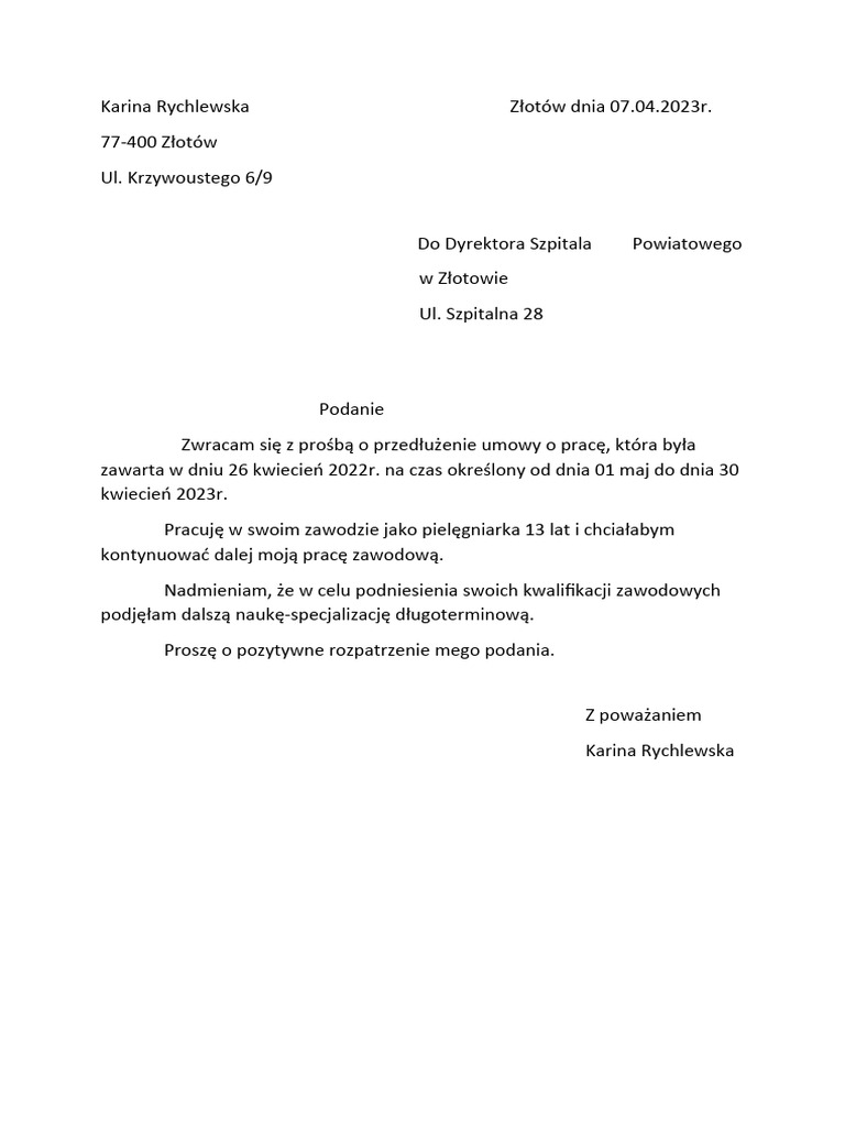 Prosba o Przedluzenie Umowy | PDF