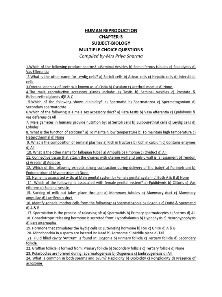 Human Reproduction Question Bank | PDF | Menstrual Cycle | Ovary