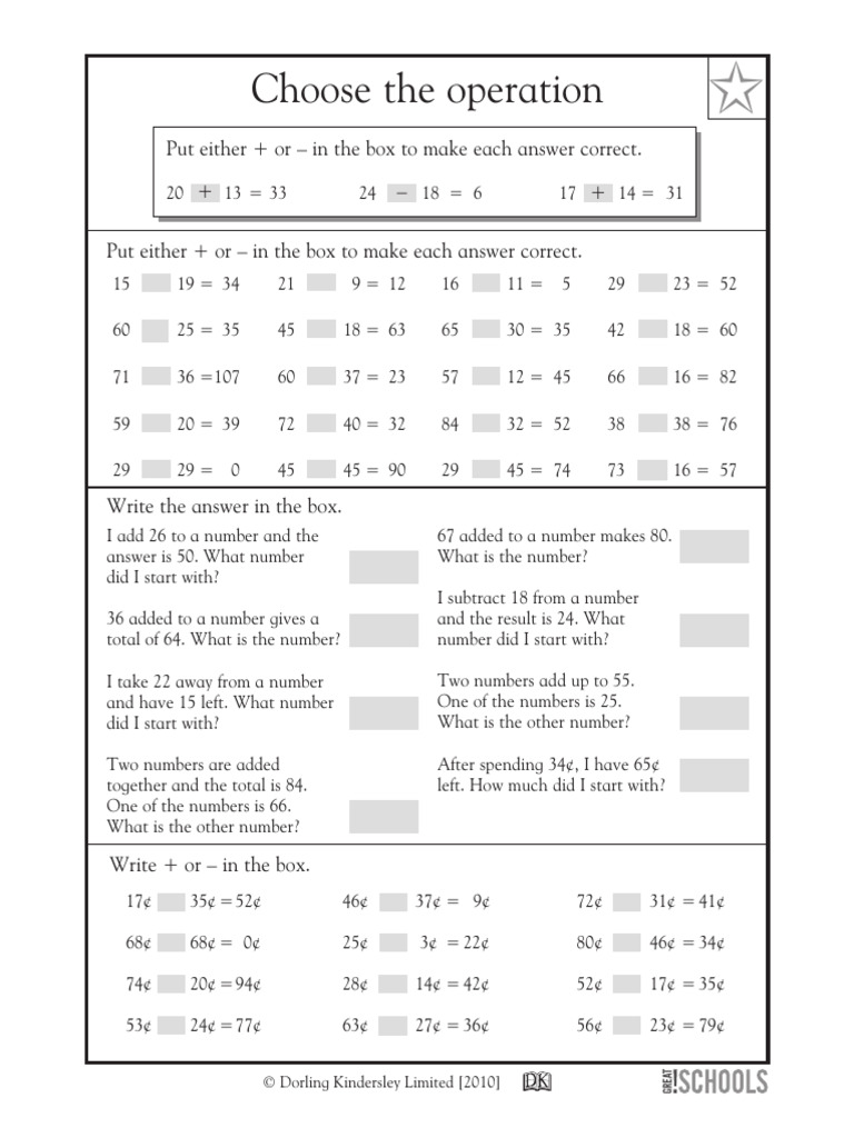 Choose The Operation: Put Either + or - in The Box To Make Each Answer ...