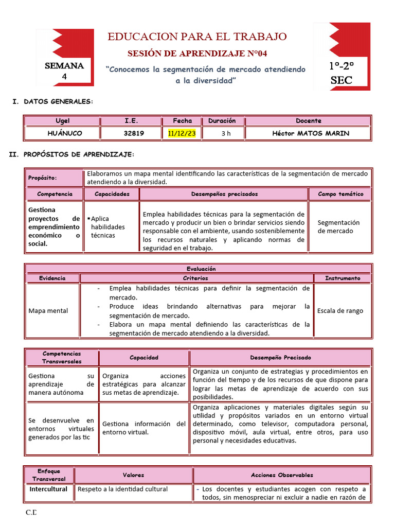 1°-2° - Sesión de Aprendizaje Sesión 4-Sem.4-Exp.4-Educacion para El Trabajo | PDF