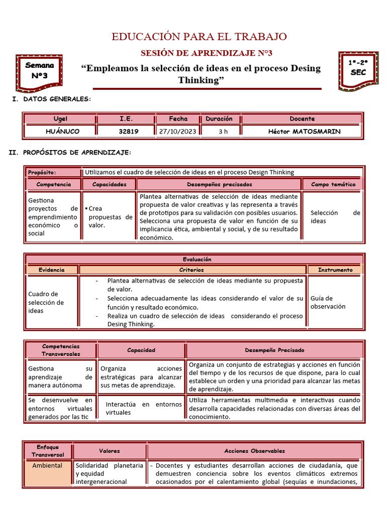 1°-2° SESIÓN DE APRENDIZAJE SESIÓN 3-SEM.3-EXP.3-EDUCACION PARA EL TRABAJO222 | PDF ...