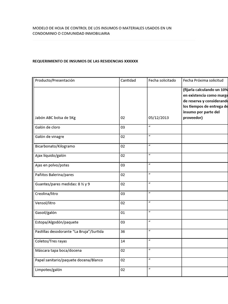 MODELO DE HOJA DE CONTROL DE LOS INSUMOS O MATERIALES | PDF