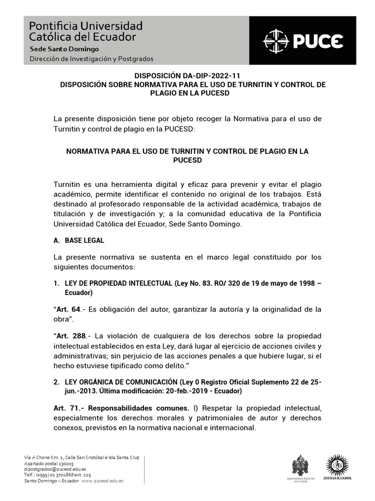 Da-Dip-2022-11 Normativa para El Uso de Turnitin en La Pucesd | PDF