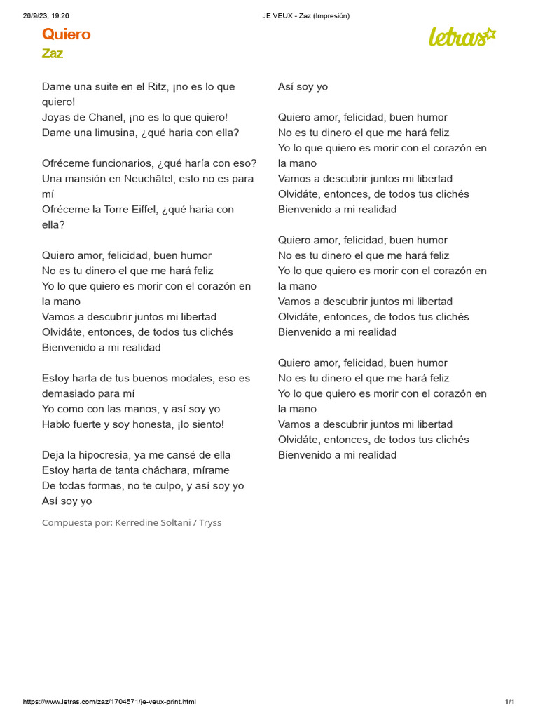 JE VEUX - Zaz TRADUCCIÓN | PDF