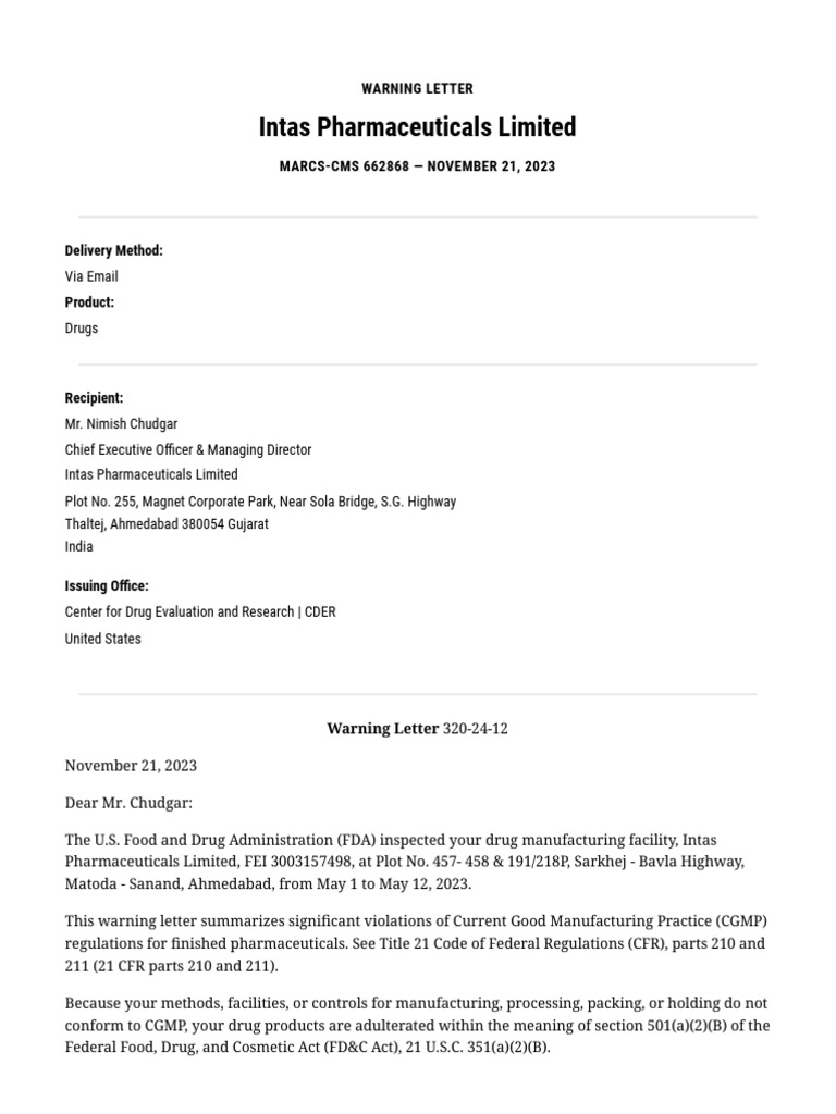 Warning Letter-1 | PDF | Food And Drug Administration | Quality Assurance