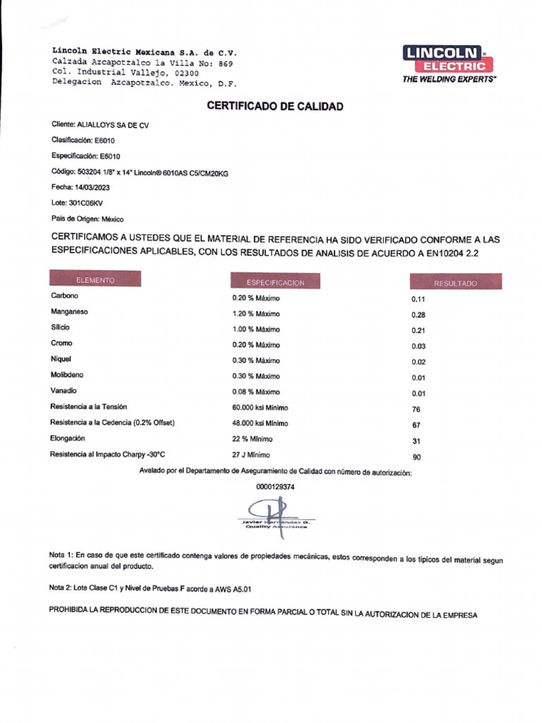 Certificado de Calidad E6010 | PDF | Materiales | Rieles