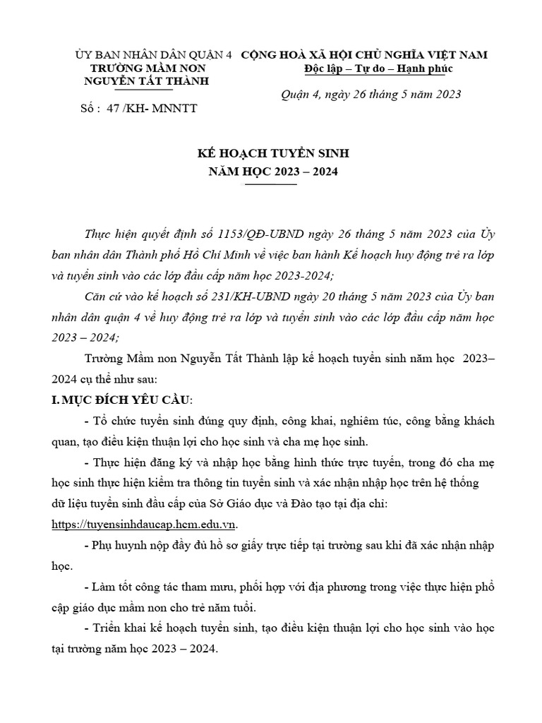 Ke Hoach Tuyen Sinh 2023 2024 - 2092023113536 | PDF