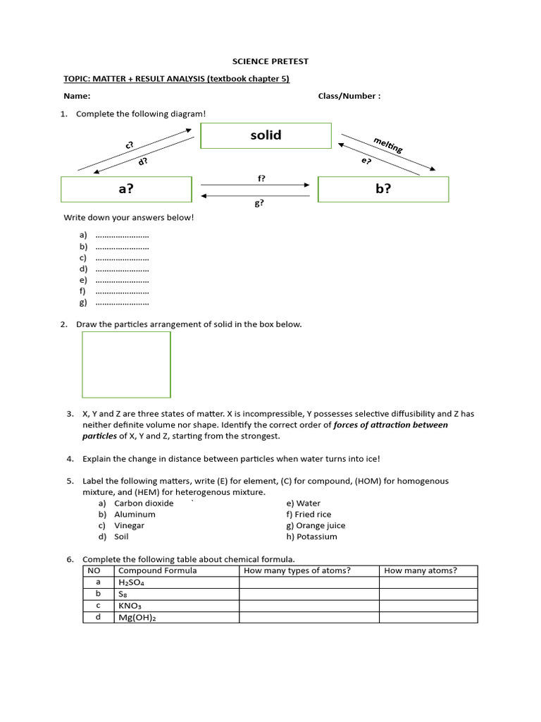 SCIENCE PRETEST 7th MATTER+ANALYZINGGRAPH | PDF