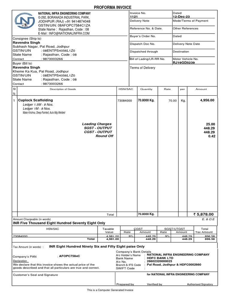 PI - Ravindra Singh | PDF | Invoice | Payments