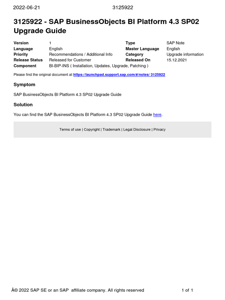 SAP BusinessObjects BI Platform 4.3 SP02 Upgrade Guide | PDF | Computers