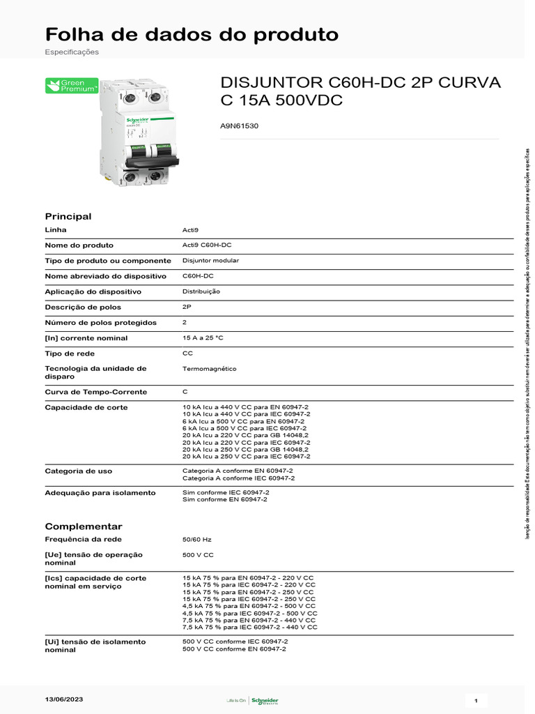Acti9 C60H-DC e C60PV-DC - A9N61530 | PDF | Engenharia Elétrica