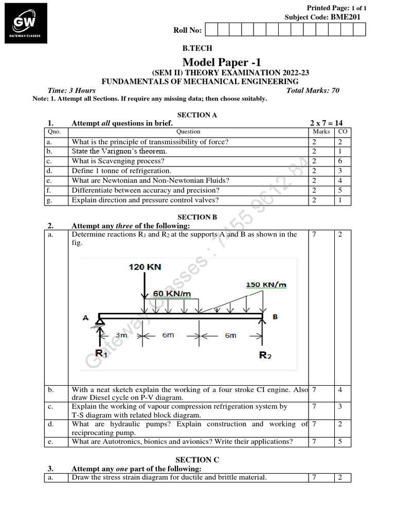 FME Model Papers (TWO) | PDF | Pressure Measurement | Young's Modulus
