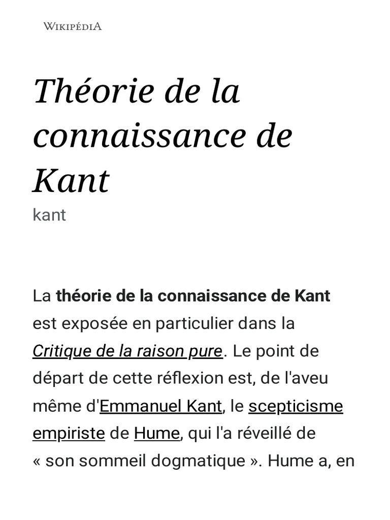 Théorie de la connaissance de Kant — Wikipédia | PDF