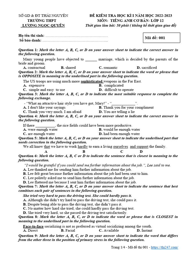 De Cuoi Ki 1 Tieng Anh 12 Nam 2022 2023 Truong Luong Ngoc Quyen Thai Nguyen | PDF