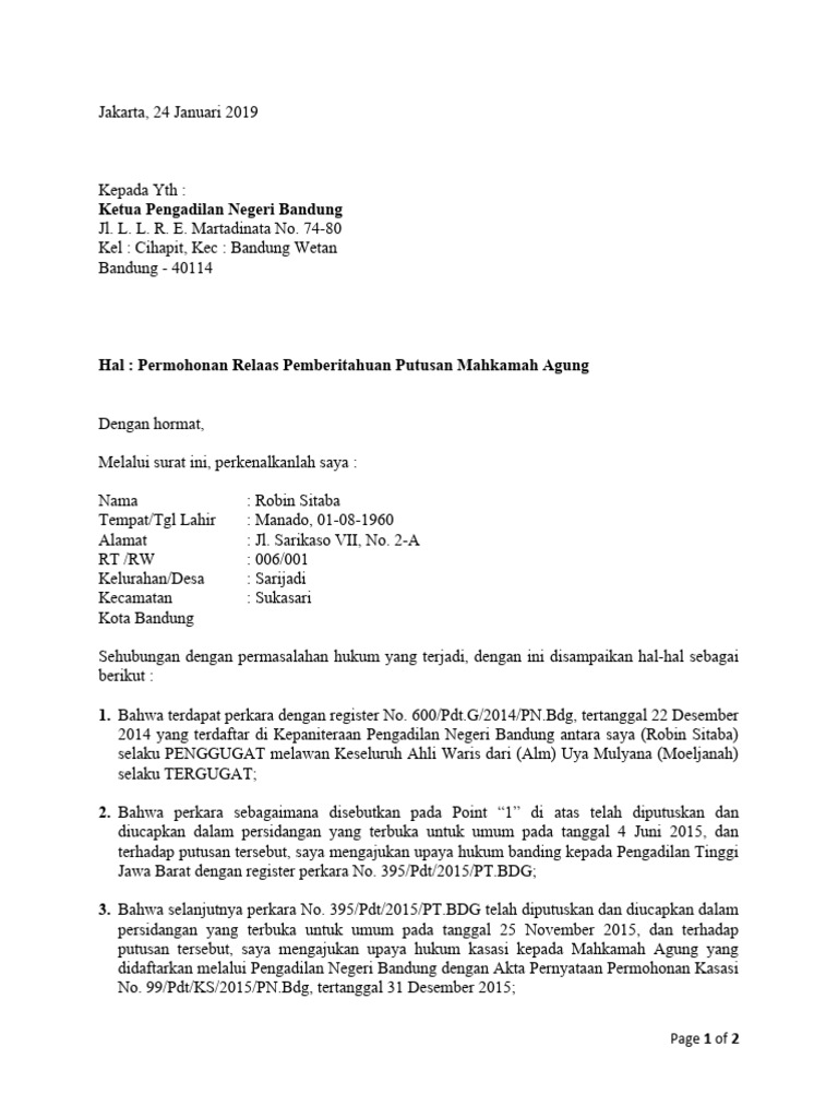 Surat Permohonan Relaas Pemberitahuan Putusan Ma-2 | PDF