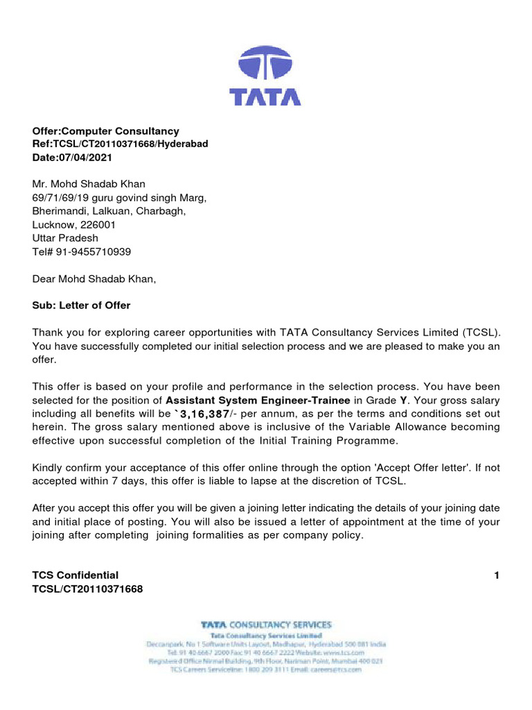 Shadab Offer Letter | Download Free PDF | Insurance | Taxes