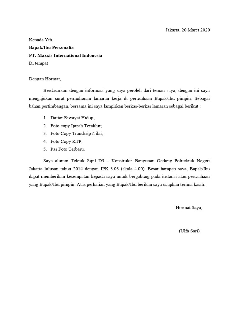 Surat Lamaran Kerja Ulfa | PDF