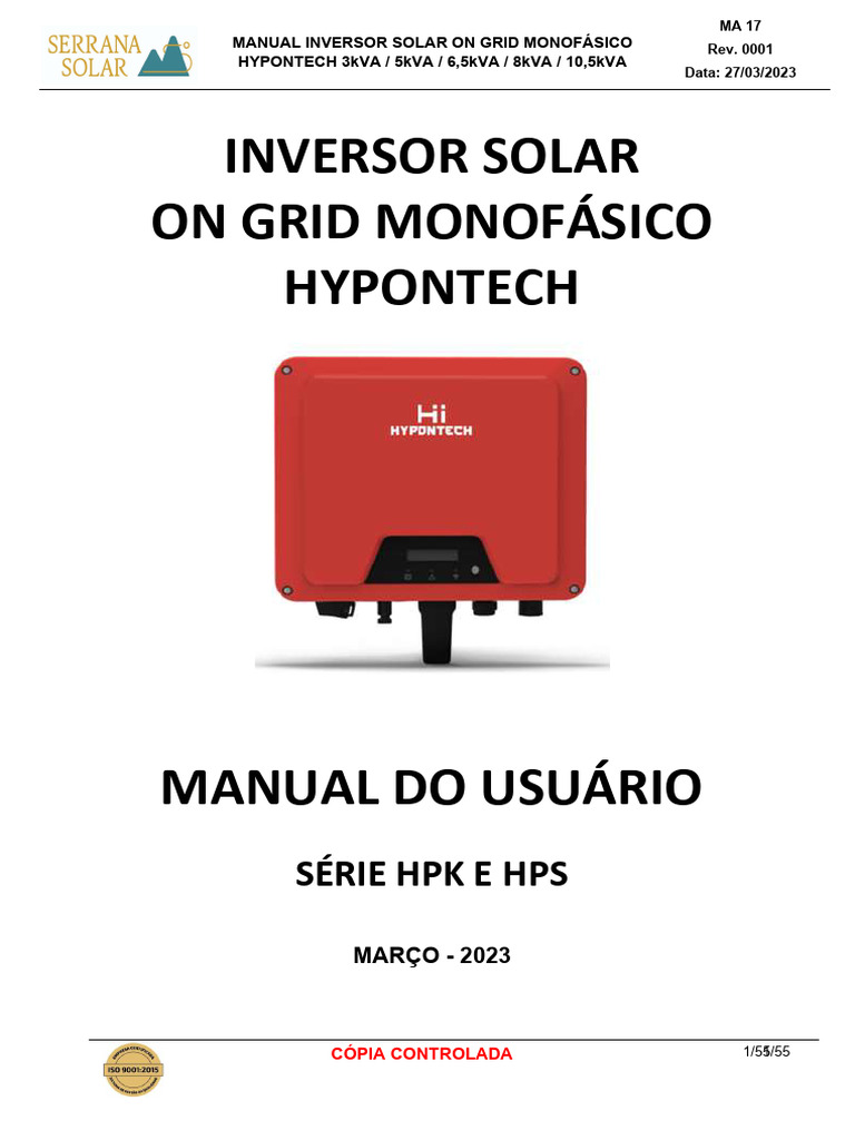 MA 17 Manual Inversor Solar On Grid 3kVA 5kVA 6,5kVA 8kVA 10,5kVA Hypontech Rev 0001 | Download ...