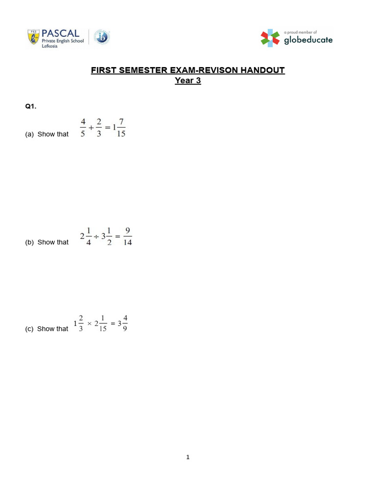 Year 3 1st Semester Exam Revision Handout | PDF
