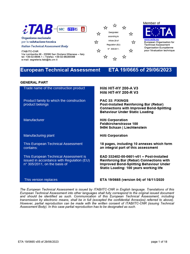 ETA 19 0665 HIT HY 200 A R V3 Rebar TR069 Jun 2023 Approval Document ASSET DOC 11503995 | PDF
