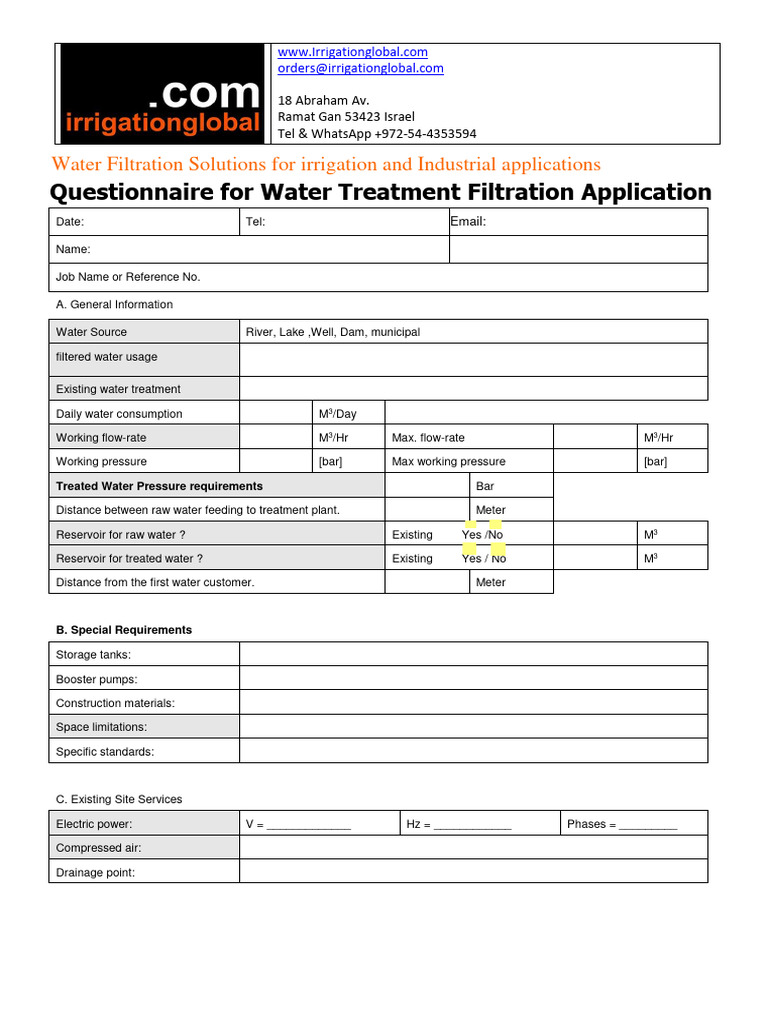 Water Treatment Filtration Questionnaire | PDF | Water | Water Treatment