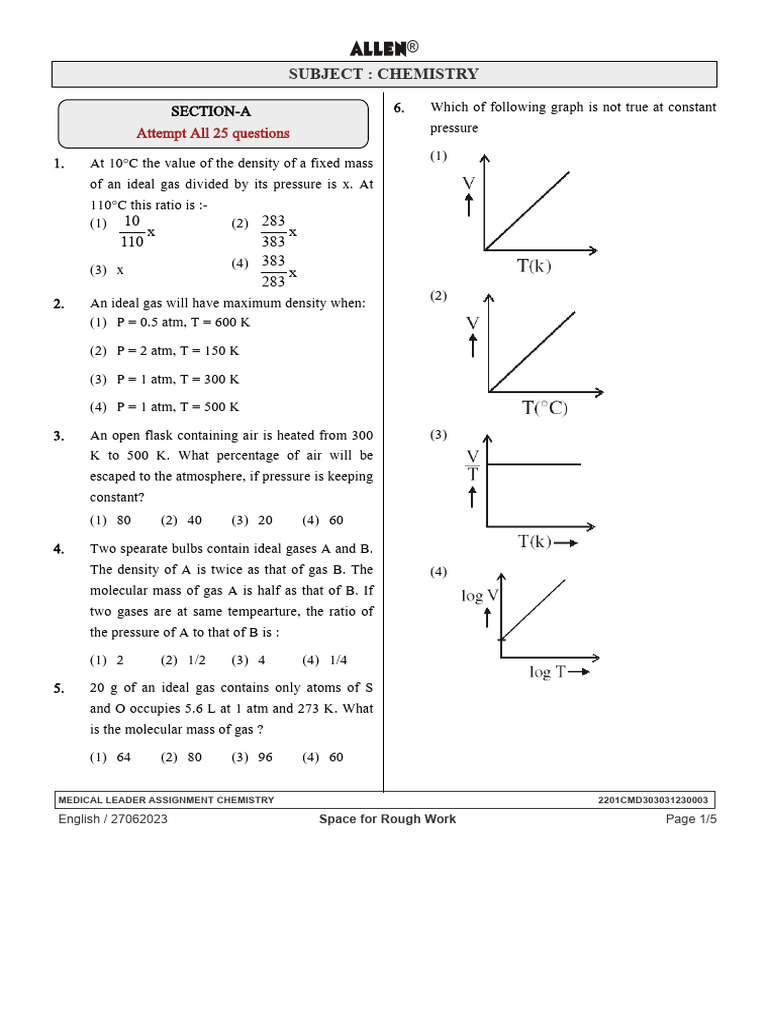 Medical Leader Assignment Chemistry | PDF | Gases | Density