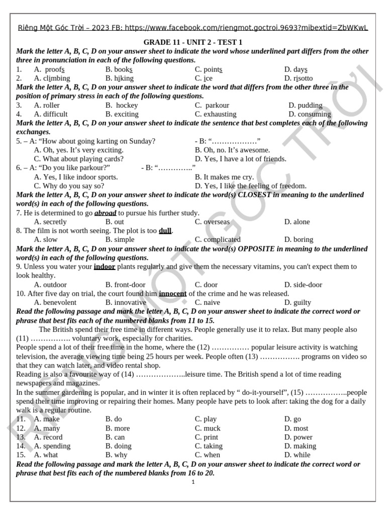 Đề kiểm tra Friends Global GRADE 11 - UNIT 2 - TEST 1 - ĐỀ.doc | PDF ...