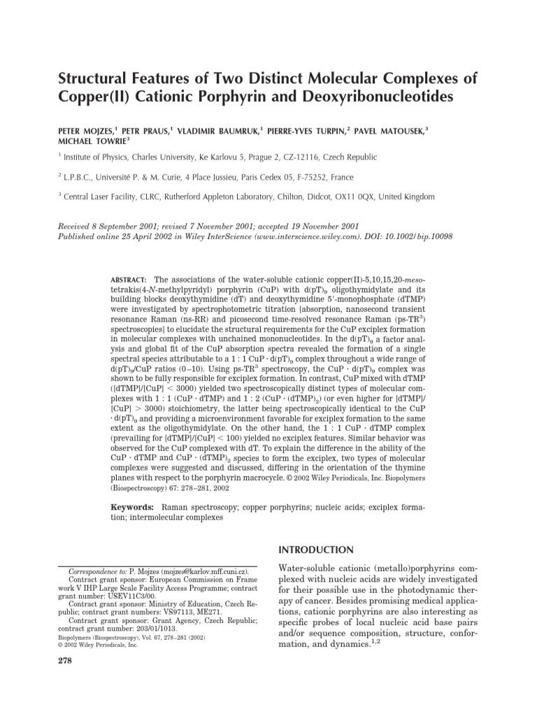 Structural Features of Two Distinct Molecular Complexes of Copper (II) Cationic Porphyrin and ...