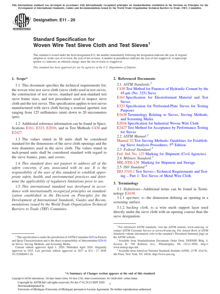 ASTM E11 − 20 | PDF | Specification (Technical Standard)
