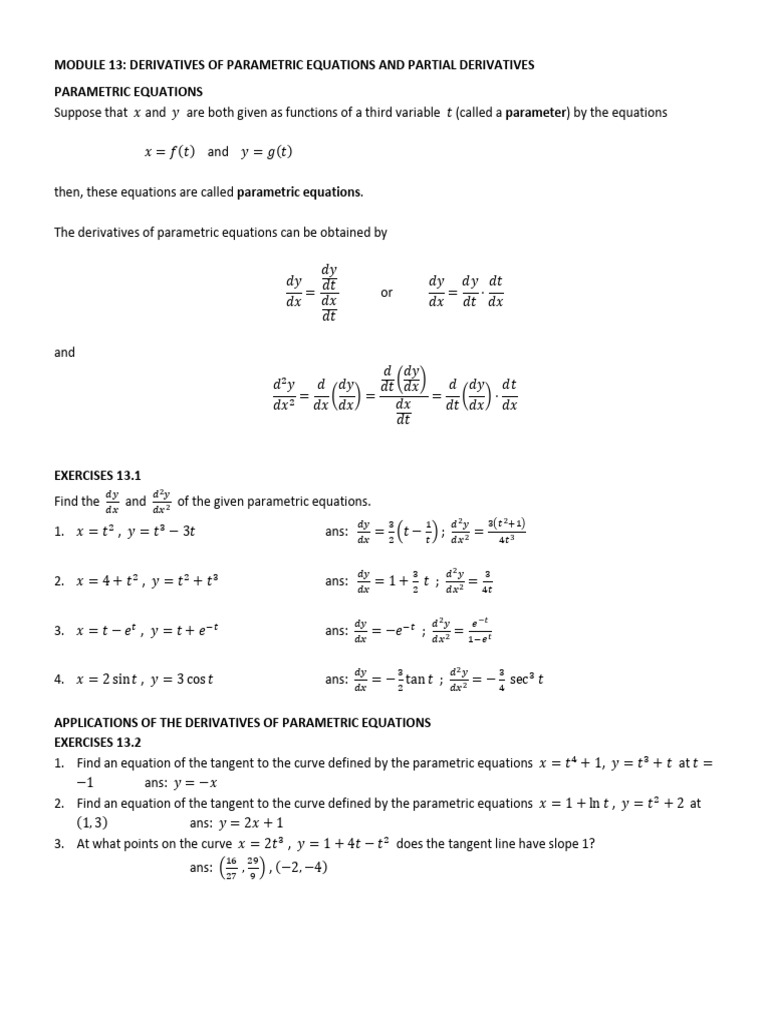 MODULE 13 Parametric Equations and Partial Derivatives | PDF ...