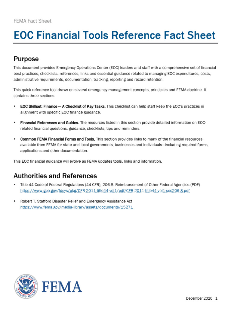 Fema Eoc Financial Tools Reference Factsheet | PDF | Federal Emergency ...