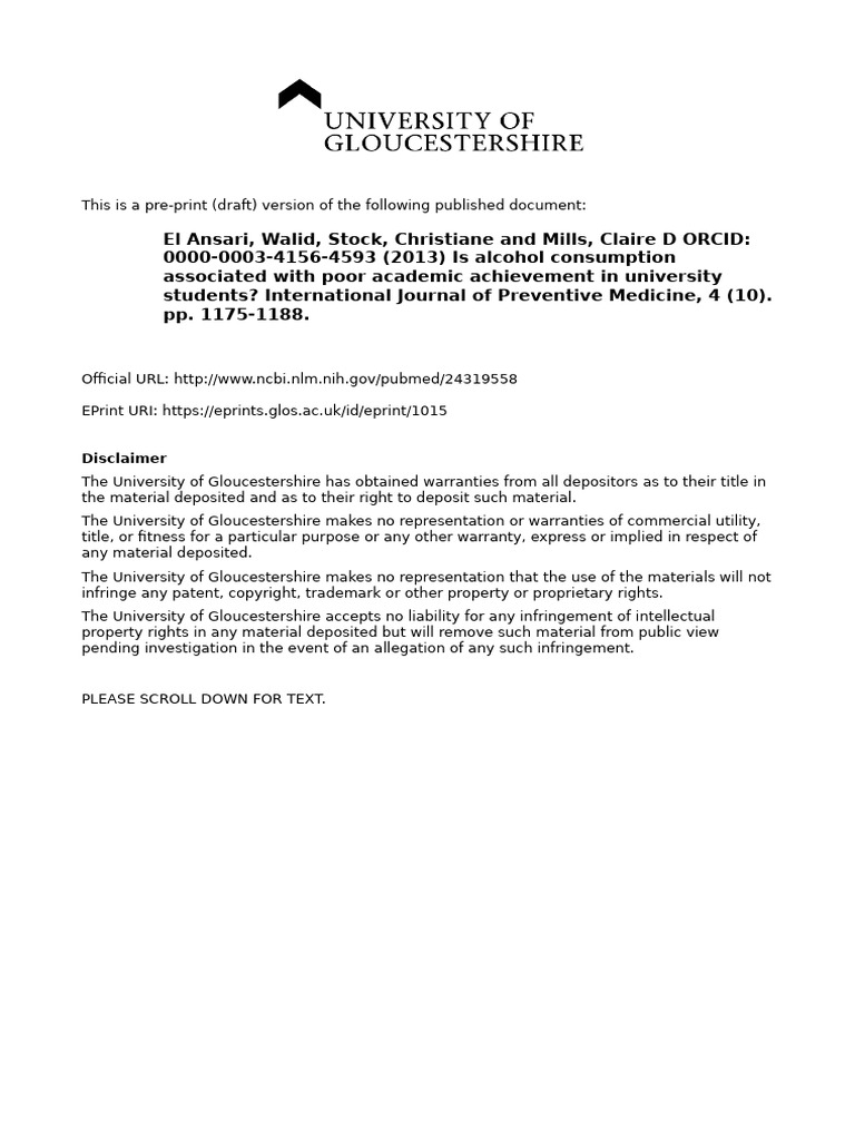 Is Alcohol Consumption Associated With Poor Academic Achievement in ...