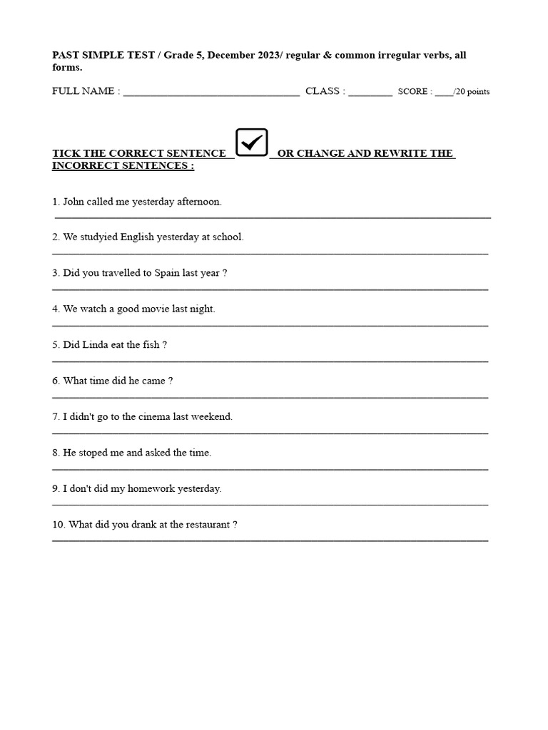 CM2 Past Simple Test All Forms Correct or Incorrect Sentences | PDF ...