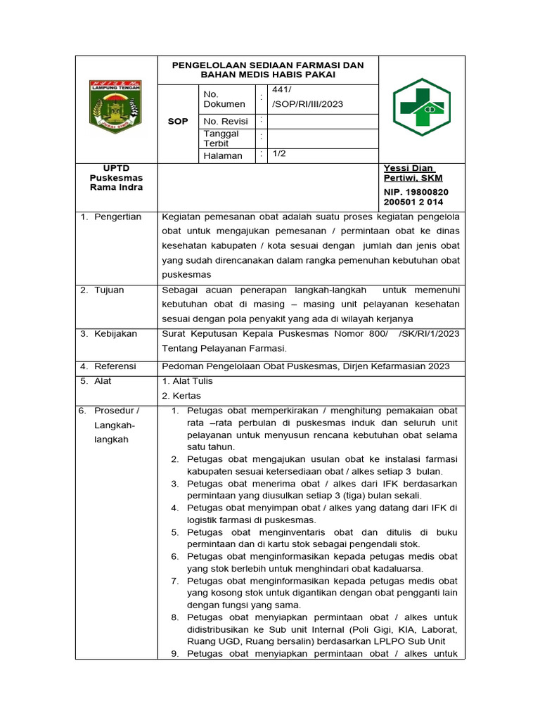 Sop Pengelolaan Sediaan Farmasi Dan Bahan Medis Habis Pakai Pdf