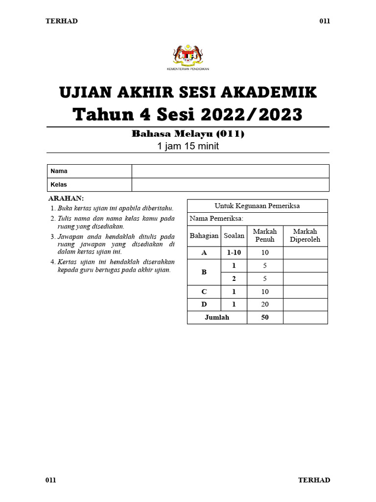 Kertas Bm Uasa Tahun 6 Contoh 2 | PDF